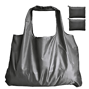HAPPYHEIDI 2 Pack Foldable Reusable Shopping Bags Grocery Totes, Long Handles, Fold-Up Pouch,Heavy Duty, Washable Nylon, Solid Black