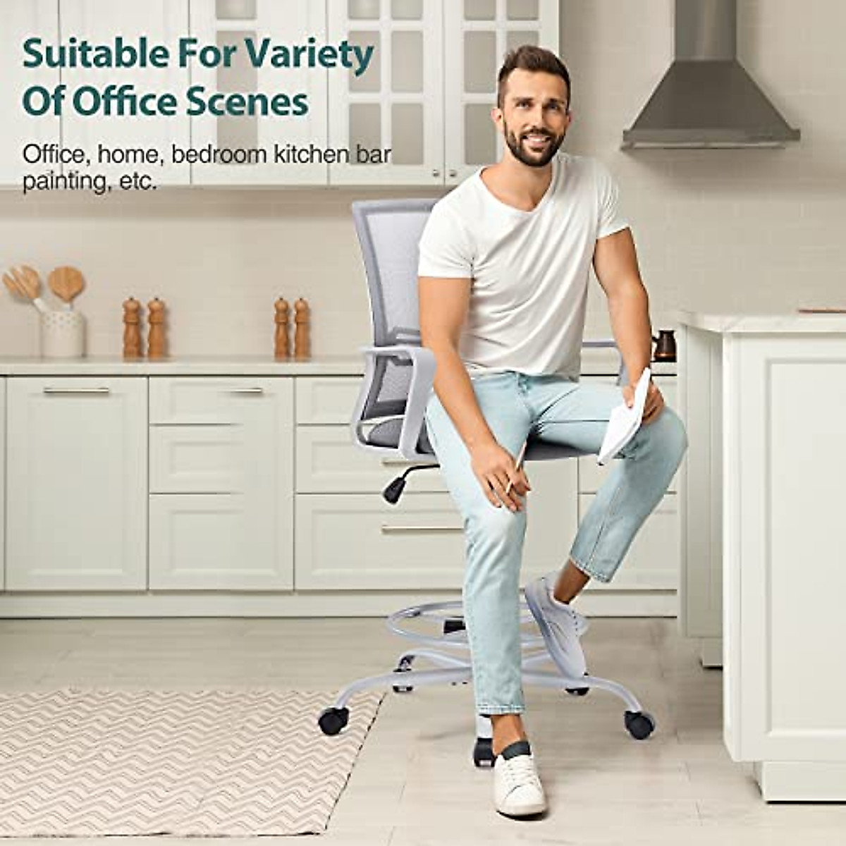 SMUG, Ergonomic Tall Standing Desk Adjustable Foot Ring Drafting Stool Counter Height Office Chairs, Grey