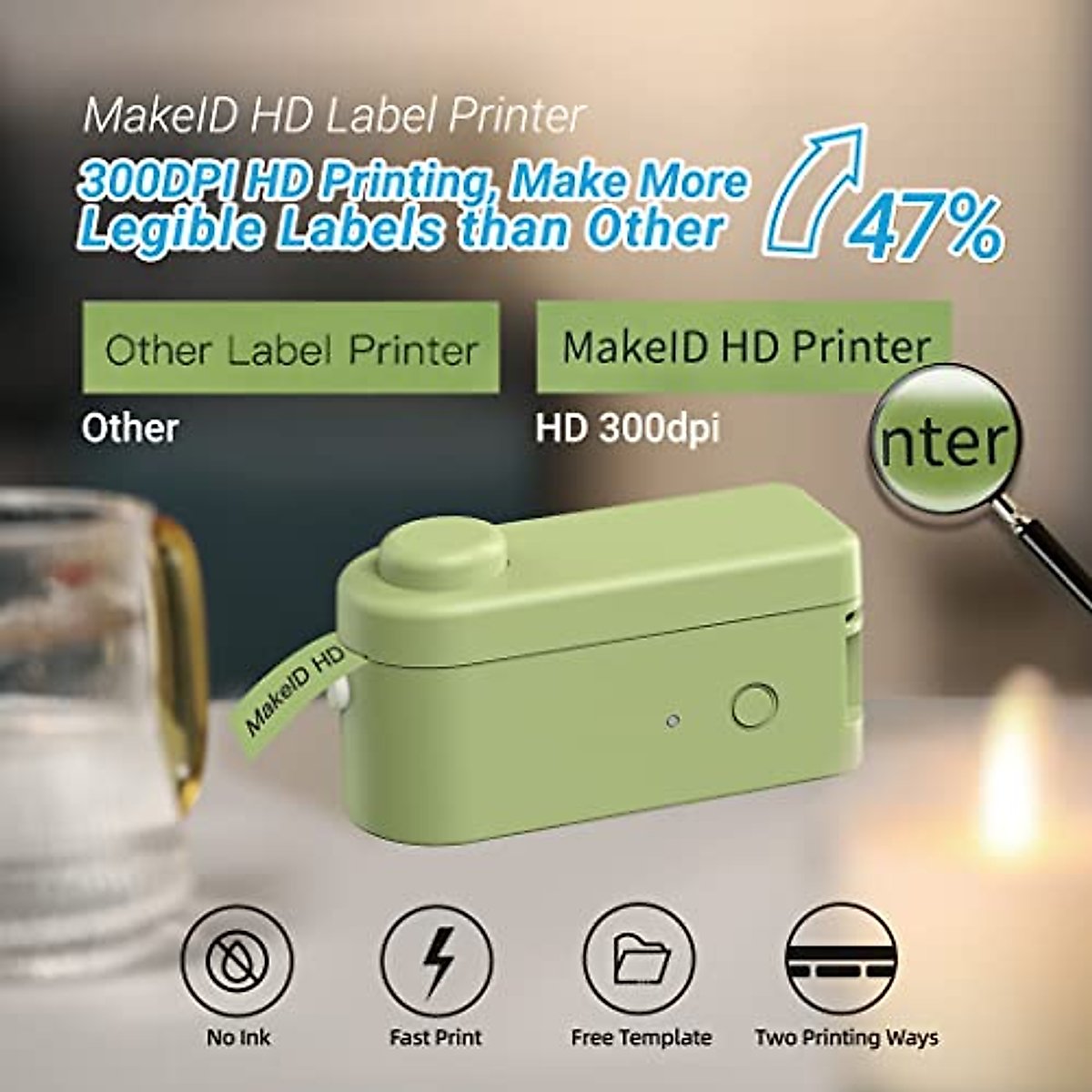 MakeID Label Makers HD (300dpi), Mini Inkless Pocket Wireless L1 Label Maker Machine Multiple Templates Available for Android iOS Handheld Sticker Label Printer USB Rechargeable Labeler Easy to Use
