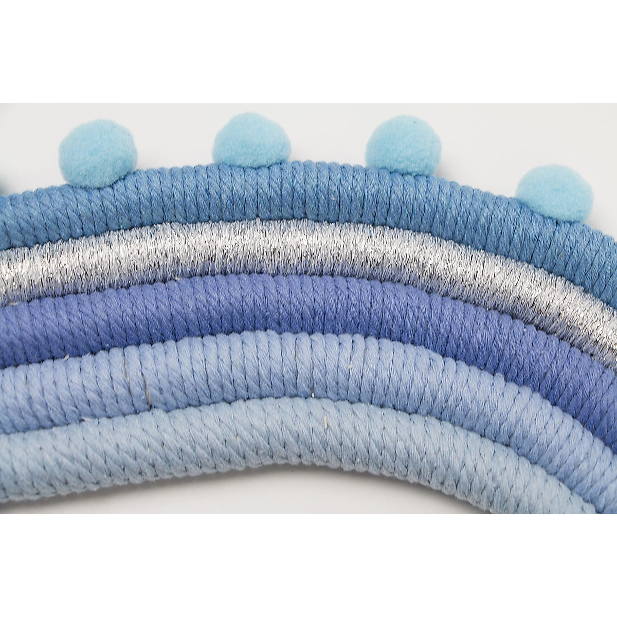 Macrame Pastel Rainbow with Pompoms and Tassels, Wall Hanging Accent for Boys Boho Kid Room Decor, Adorable Baby Shower or Awesome Birthday Gift, Blue 14x11 inches