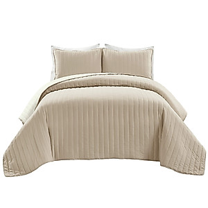 Lush Decor Soft Stripe All Season 3 Piece Quilt/Coverlet Set, Neutral & Ivory, Full Queen