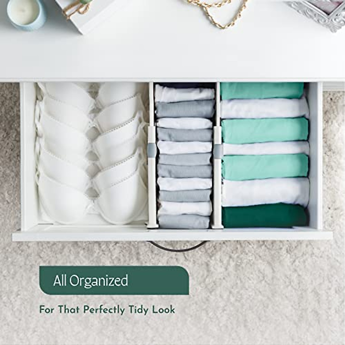 Adjustable Drawer Dividers, [4 Pack] Adjusting Length from 11 Inch - 17 Inch. Tall Drawer Organizers for Clothes, Locks in Place, Use for Bedrooms, Bathroom, Kitchen & Office Organization and Storage.
