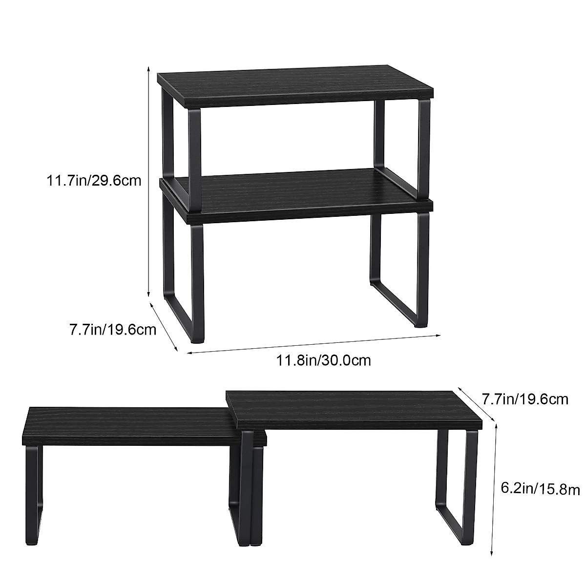 CADUKE Counter Shelf Organizer Set of 2, Wood Kitchen Cabinet Shelves, Expandable Cabinet Organizer, Stackable Countertop Storage Rack for Bathroom Pantry, Black