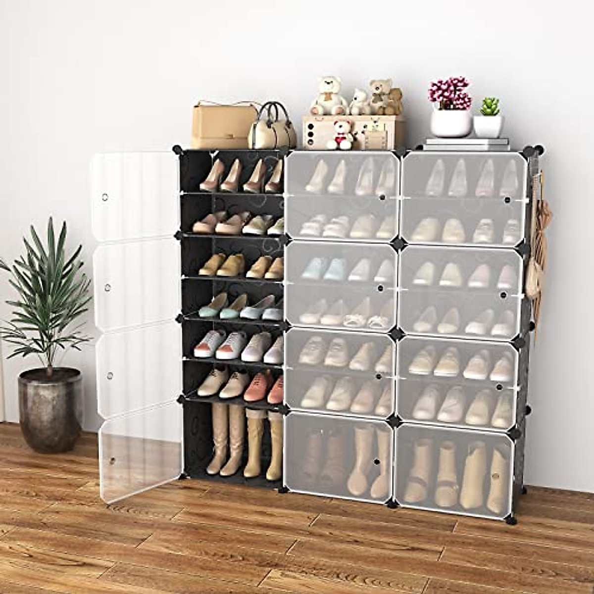 WEXCISE Portable Shoe Rack Organizer with Door, 48 Pairs Shoe Storage Cabinet Easy Assembly, Plastic Adjustable Shoe Organizer Stackable Detachable Free Standing Shoe Rack DIY Expandable 8 Tier Black