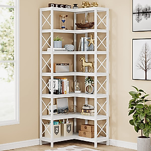 Tribesigns 7-Shelf Corner Bookshelf,Large Modern Corner Bookcase, 7-Tier Tall Corner Shelf Storage Display Rack with Metal Frame for Living Room Home Office (White)