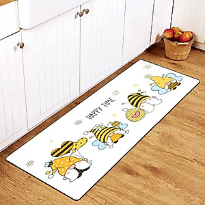 TsyTma Yellow Bee Gnomes Kitchen Rug Hello Spring Floor Mats Washable Non-Slip Bathroom Rug Runner Laundry Room Home Decor 39x20 Inch
