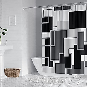 mamrug 4pcs Black Bathroom Shower Curtain Set,Modern Geometric with Non-Slip Rugs,U Shape Rug and Toilet Lid Cover Accessories,with 12 Hooks Waterproof Shower Curtains 72"x 72" Bathroom Decor