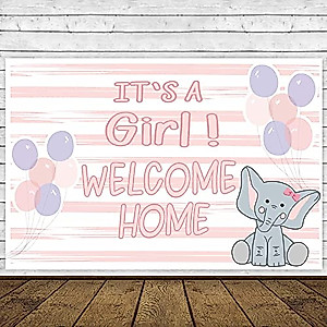 It’s A Girl Welcome Home Cute Cartoon Elephant Banner Animal Theme Supplies Decorations Decor for Girl Princess Wild One Baby Shower Safari 1st Birthday Party Photo Booth Props Backdrop Background