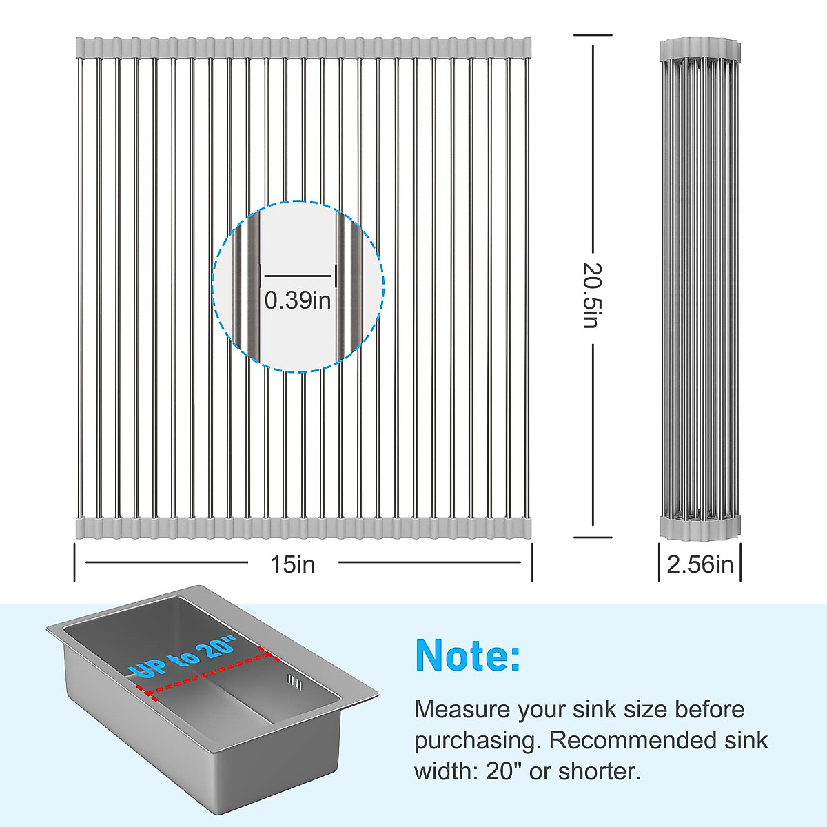 EMBATHER Roll Up Dish Drying Rack Over The Sink, Dish Drying Rack for Kitchen Counter, Multipurpose Stainless Steel Foldable Kitchen Drainer Rack with Silicone Mat, Anti-Slip, (Grey, 20.5"x15")