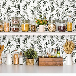 Erfoni Dark Green Leaf Wallpaper Peel and Stick Wallpaper 17.7in x 118.1in Removable Contact Paper Leaves Plant Self Adhesive Wallpaper Bathroom Vinyl