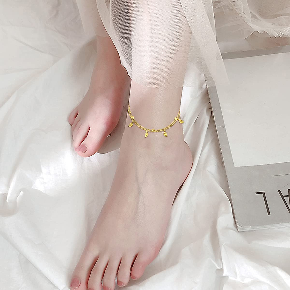 SISGEM 14K Real Gold Leaf Anklets for Women, Real Gold Beads Station Anklet Bracelet Tassel Double Foot Link Beach Anklets Anniversary Birthday Jewelry Gifts for Wife Mom 8''+2'' (Double Chains)
