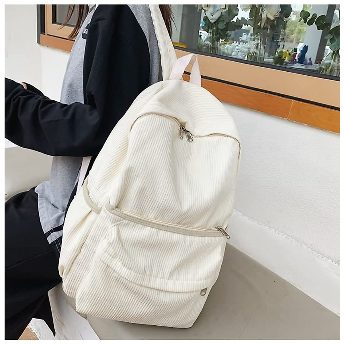 MININAI Preppy Corduroy Backpack Aesthetic Backpack 15.6 inch Laptop College Backpack Cute Book Bag Travel Rucksack Daypack (One Size,White)