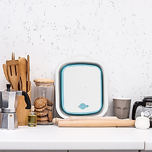 Ugusiu blue foldable washbasin with strainer, portable foldable chopping board, multipurpose kitchen basket silicone tray, suitable for travel camping and kitchen (one in blue)