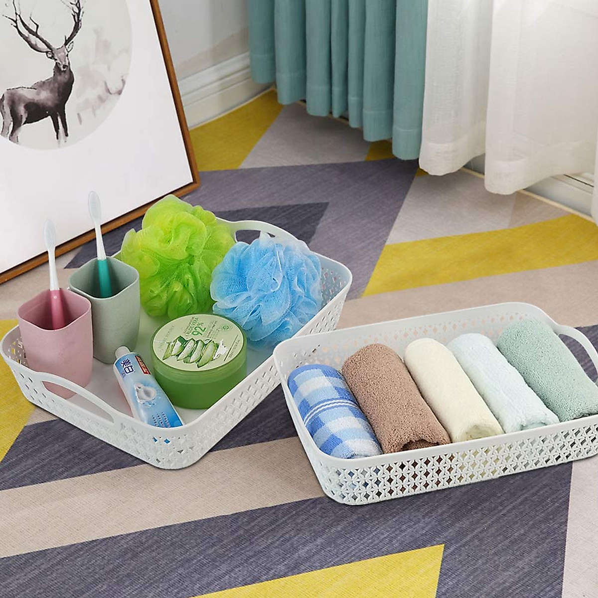 Callyne 6 Packs Large Plastic Storage Tray Baskets with Handles for Organizing, White