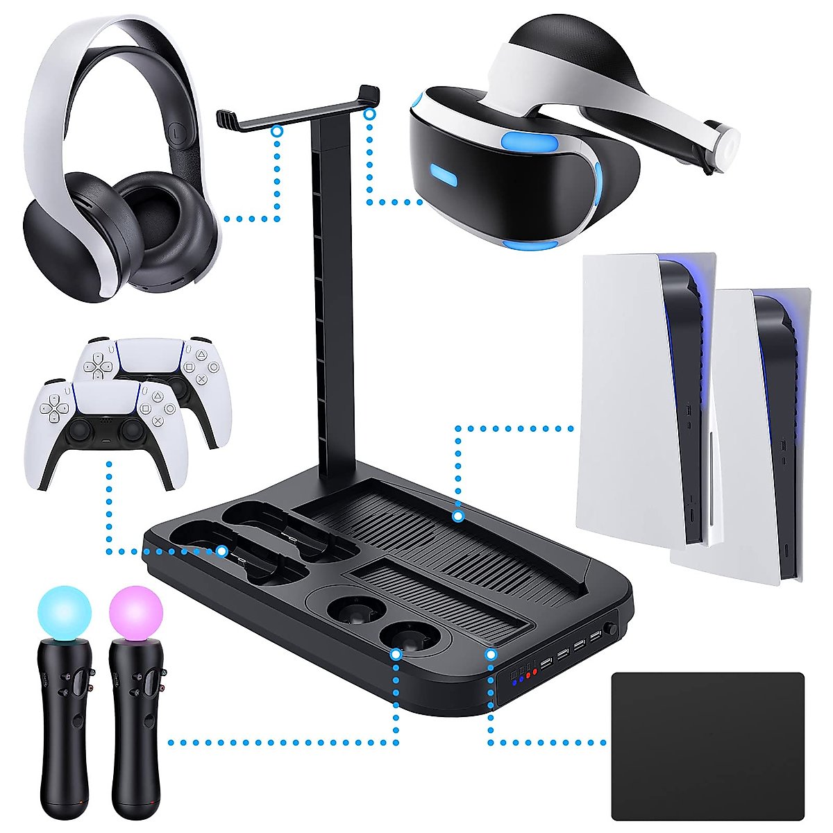 Charging Display Stand Compatible with PS5 VR, Vertical Stand with Cooling Fan Compatible with PS5 DE/UHD Storage Bracket Charger Station Compatible with PS5/PS5 VR Move Controller with 4 USB Hub