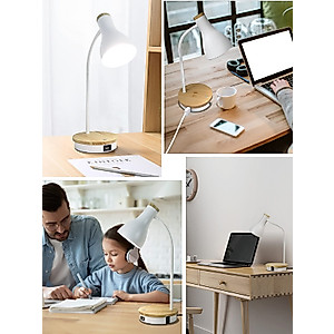 Metal Desk Lamp Wireless Charging Table Lamp Touch Reading Lights Arc Desk Lamps for Bedroom, 3 Way Dimmable Bedside Lamp with USB Charging Ports Lamp for Study Room and Office (White)