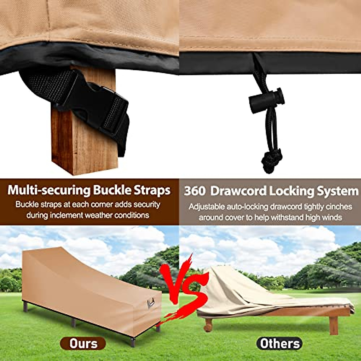 QH.HOME Waterproof Chaise Lounge Cover 900D Heavy Duty - 1 Pack Outdoor Patio Lounge Chair Cover Strong Tear Resistance, Fade UV Resistant Patio Furniture Covers with Air Vent 80" L x 32" W x 25" H