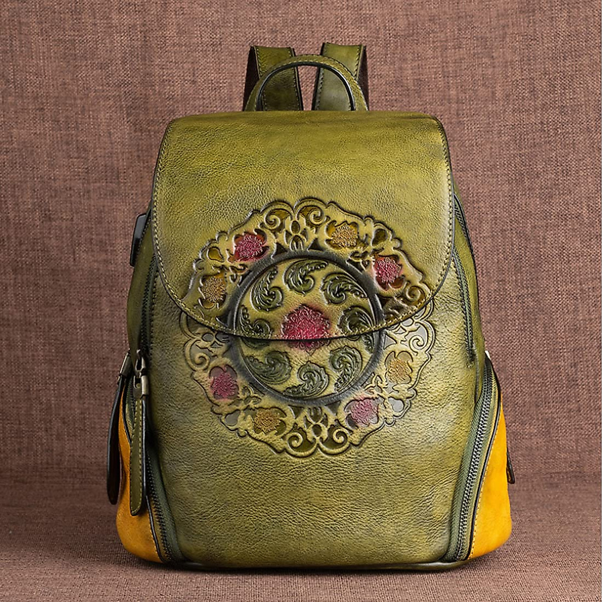YHOK Vintage Embossed Leather Ladies Backpack (Green)