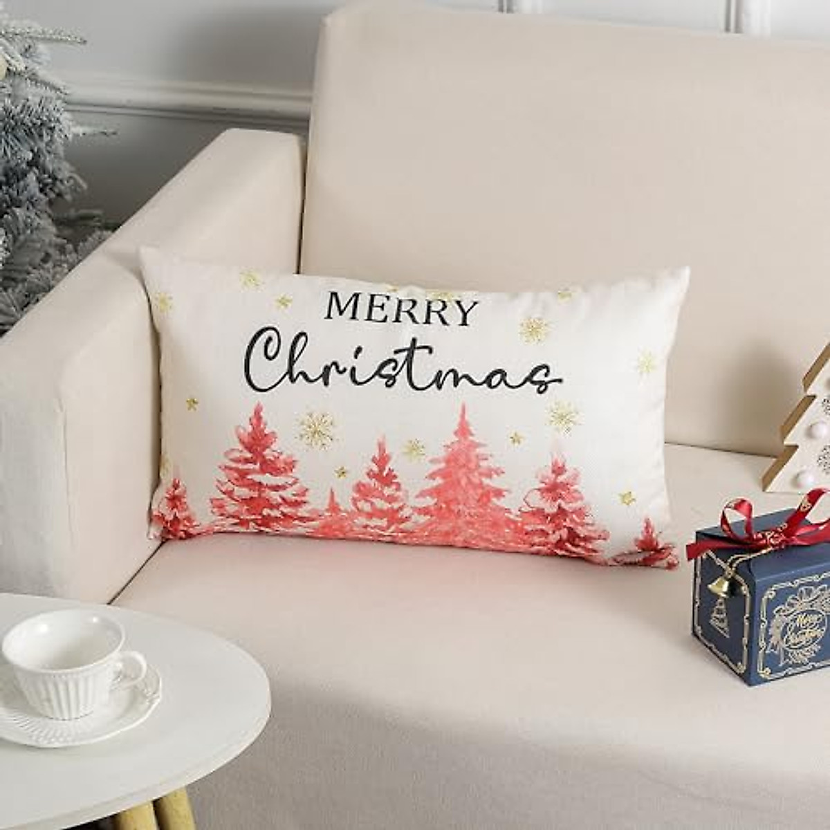 wyooxoo Christmas Pillow Covers 12x20 Inch Christmas Tree Pink Decorations Throw Pillow Covers Winter Holiday Decor Linen Pillowcase for Sofa Couch Home Decor (12" x 20", Pink)