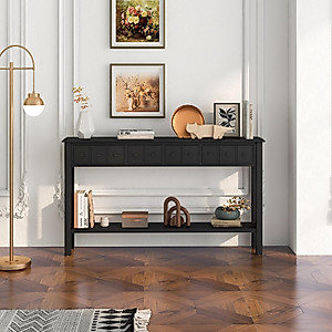 Giantex Narrow Console Table with Storage - 60" Long Sofa Side Table w/ 4 Drawers & Open Shelf, Solid Wood Legs, Rectangular Entry Table, Retro Entryway Table for Living Room Hallway, Foyer, Black