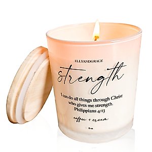 Elly & Grace - Scented Glass Soy Candle with Inspirational Bible Verse - Christian Gifts for Women Scented Candles for Home Thinking of You Gifts for Women Candles Gifts for Women (Strength)