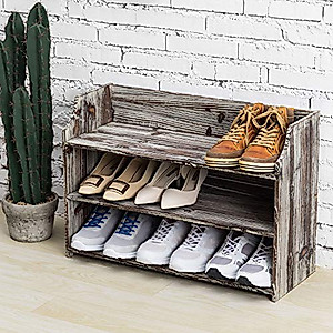 MyGift 3 Tier Rustic Torched Wood Wall Mounted/Freestanding Entryway Shoe Rack Storage Shelves, Closet Organizer Shelf