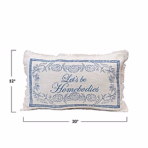 Creative Co-Op Linen Blend Embroidered Lumbar Let's Be Homebodies, Cream Color & Blue Pillow, Cream & Blue