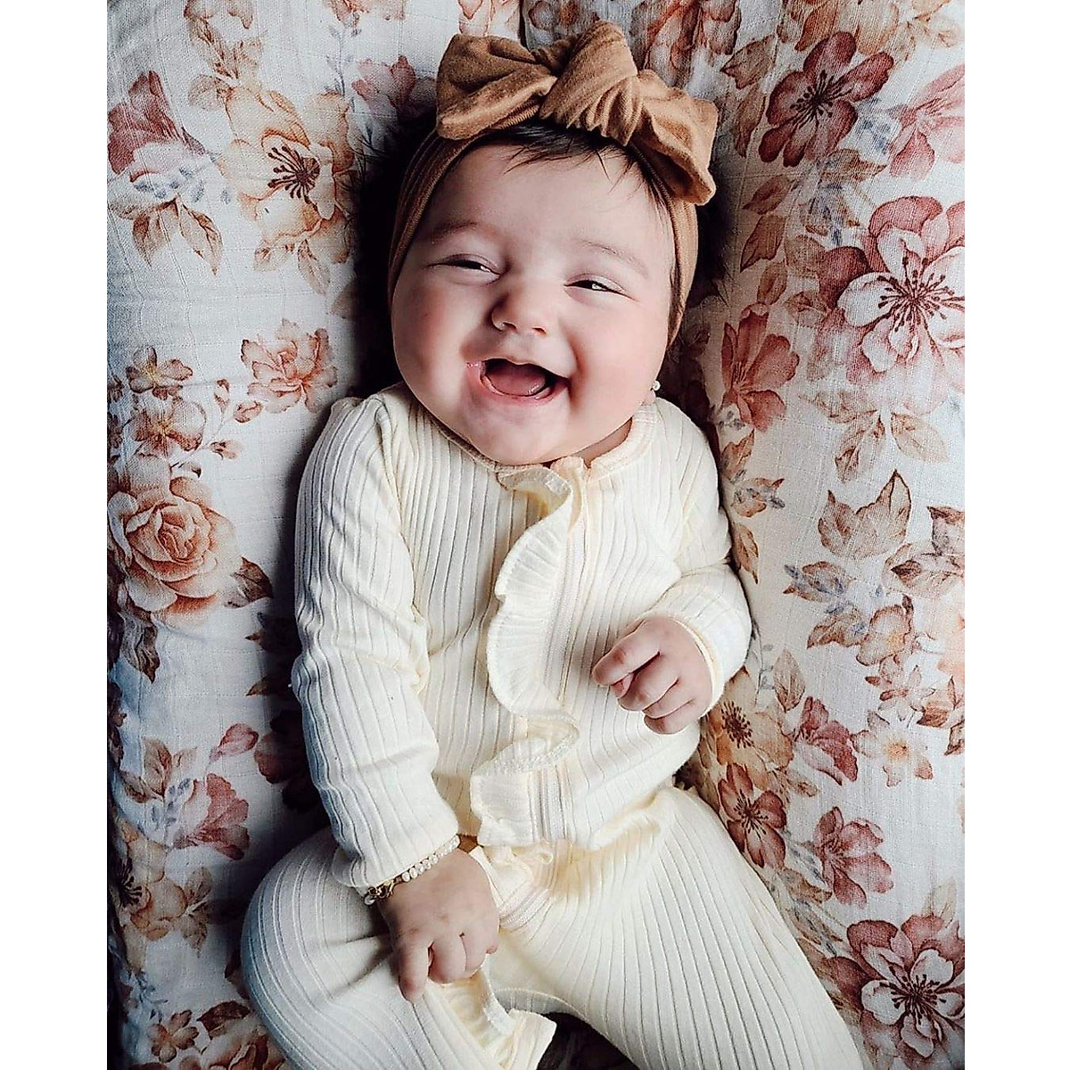 Lelloing Newborn Baby Boy Long Sleeve Romper Infant Girls Solid Color Footed Onesie Ribbed Jumpsuit Unisex Basic Pajamas(Pajama-Beige,0-3M)