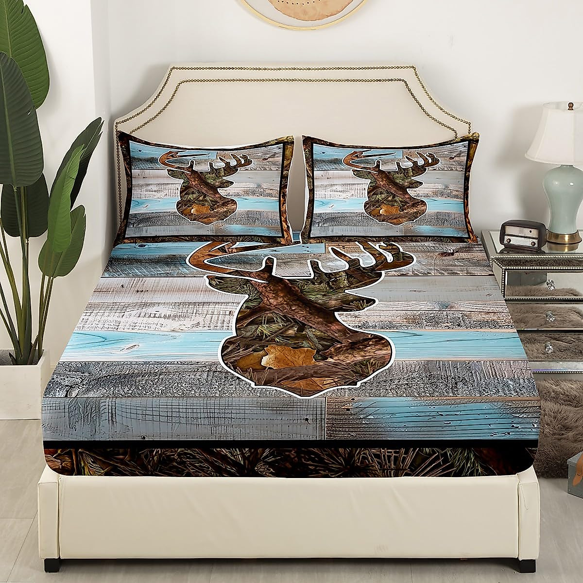 Erosebridal Rustic Cabin Bedding Set Twin Teen Boys Hunting Camo Deer Fitted Sheet Country Farmhouse Woodland Animal Barn Door Bed Sheets,Trees Branches Leaves Camouflage Sheets 1 Pillow Case