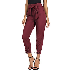 GRACE KARIN Womens Casual High Waist Pencil Pants with Pockets Bow-Knot Cropped Paper Bag Pants for Work Wine L