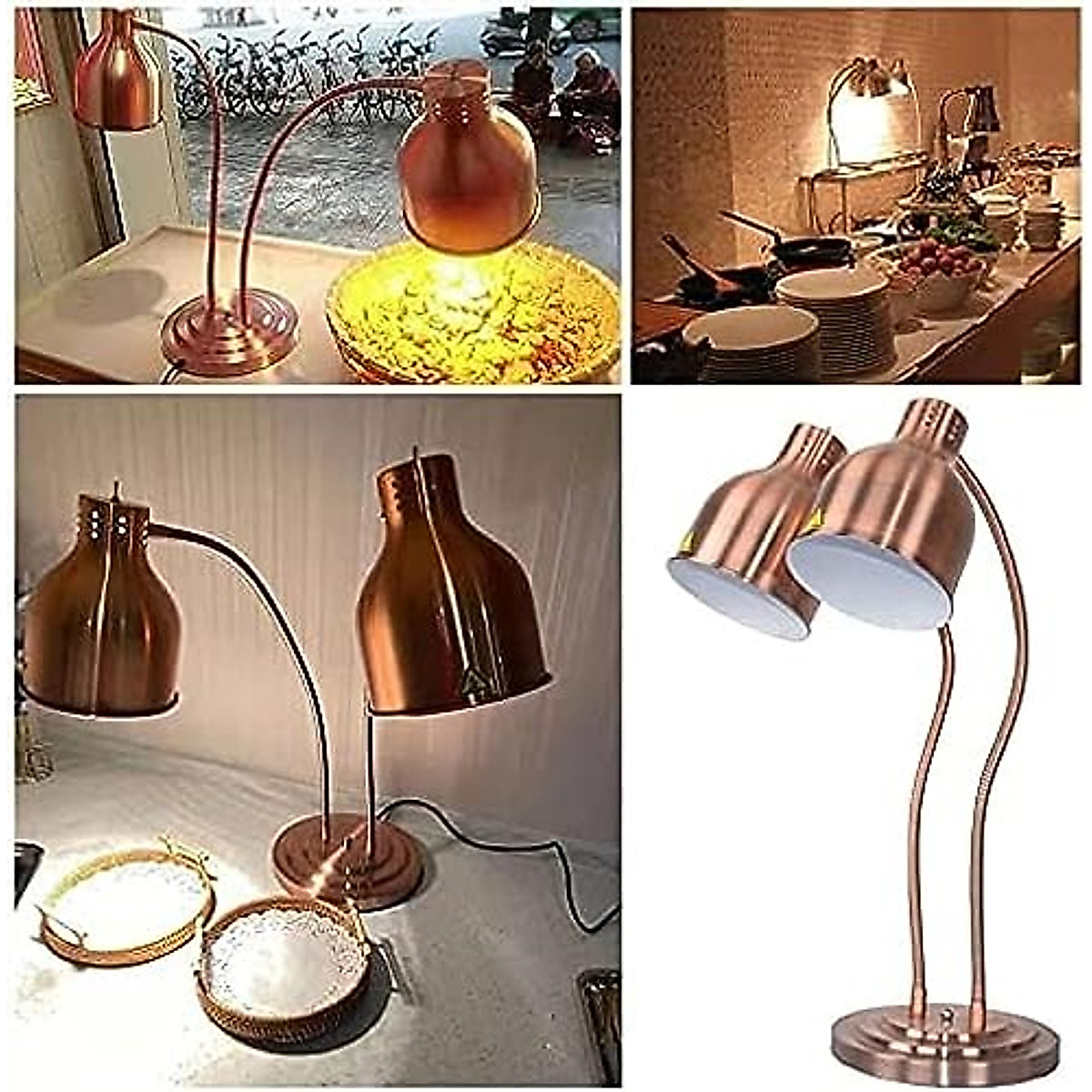 LINKANRUO Food Heat Lamp Freestanding - Double Head Multi-Directional Adjustment Catering Food Warmer Lights for Pizza Steak Fried Chicken - Ideal for Parties and Buffets Lamps(Gold)