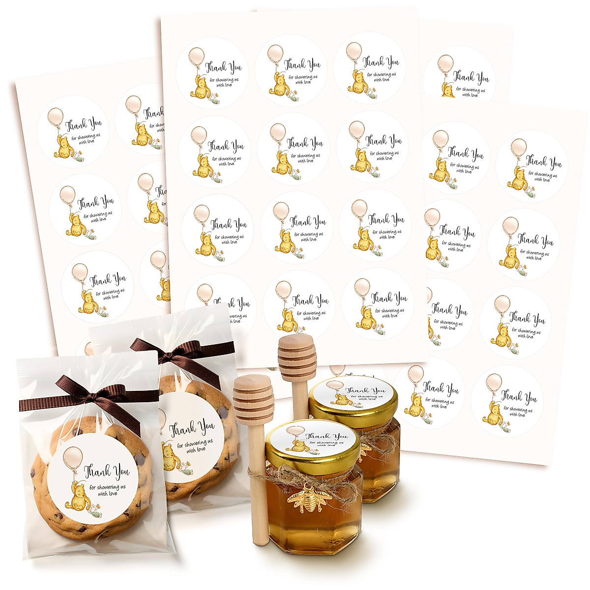 WEECUTES® Winnie Thank You Stickers Baby Shower Decorations Honey Jar Gift Label Classic Pooh Birthday Party Decor Supplies (48 Pcs)