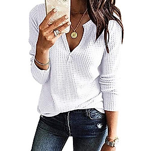 Women's V Neck Waffle Knit Henley Tops Casual Long Sleeve Pullover Sweater Blouses (White, Medium)