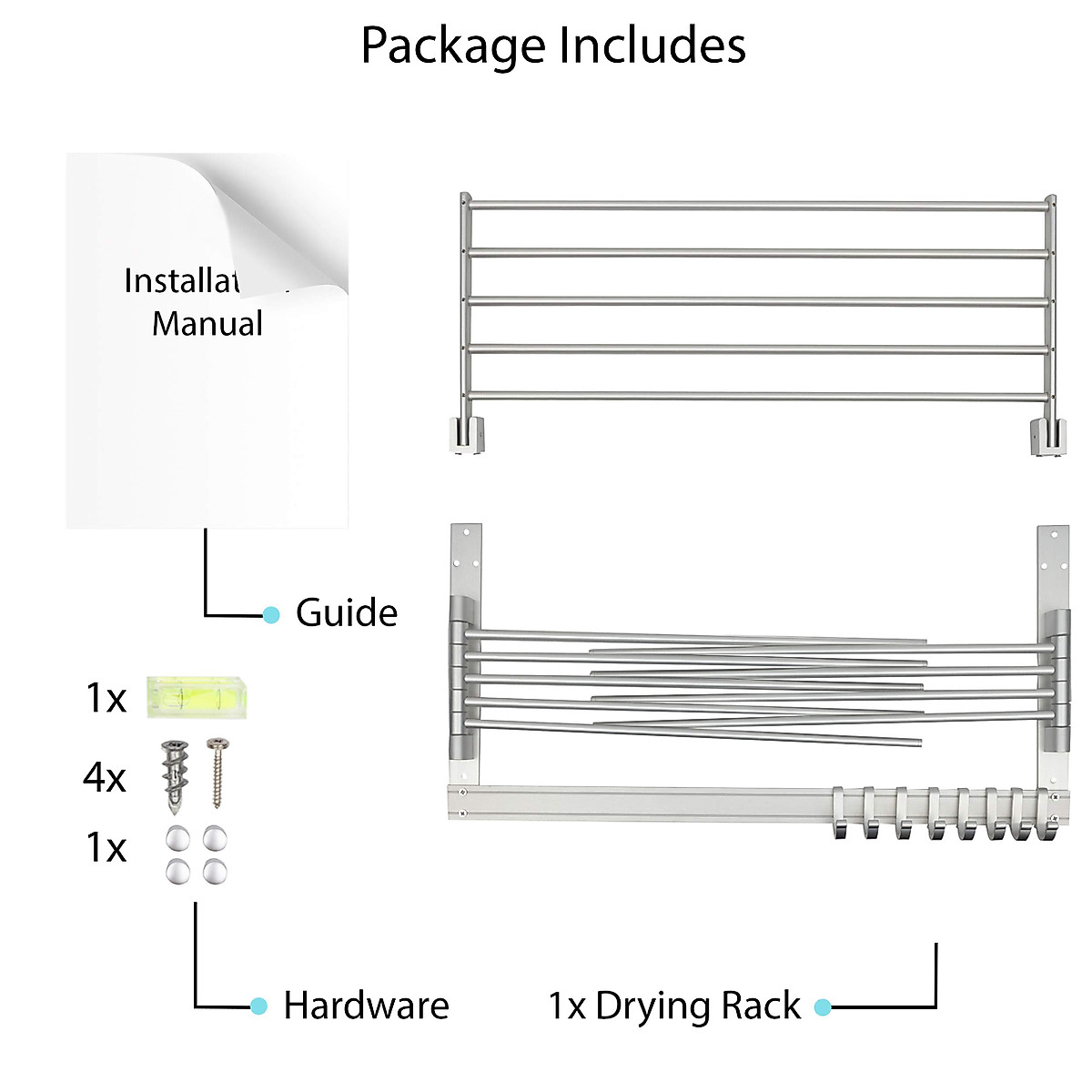 brightmaison BGT Wash Clothes Drying Rack Wall Mount Laundry Room Organizer with Hooks & Swing Arms, 24" Metal Laundry Rack Silver
