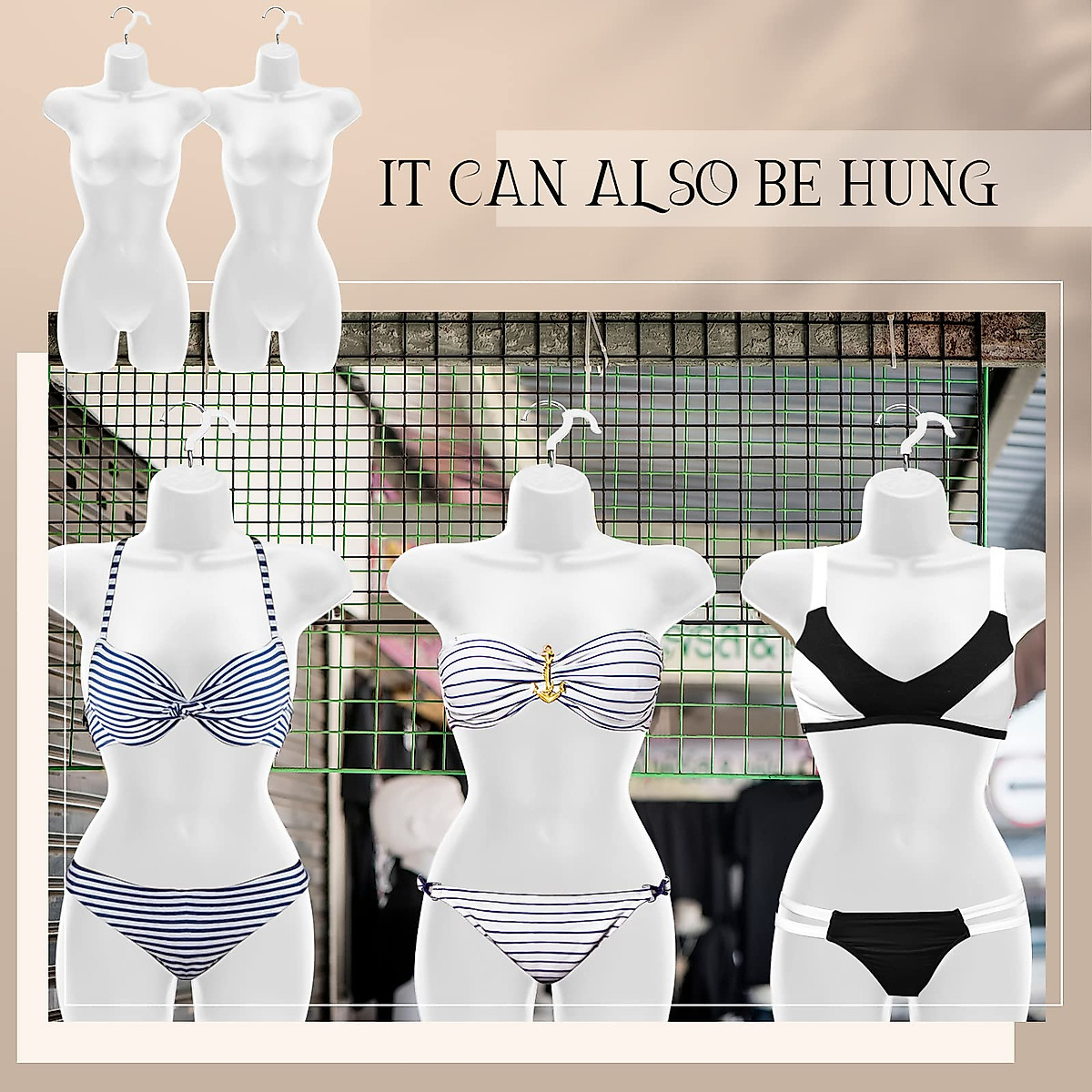 3 Pcs Hanging Mannequin Body Torso Female Women Dress Form with Hanger Hook Hip Long Hollow Back Mannequin Torso Thickened Plastic Shirt Display White (31.1 x 16.1 Inch)