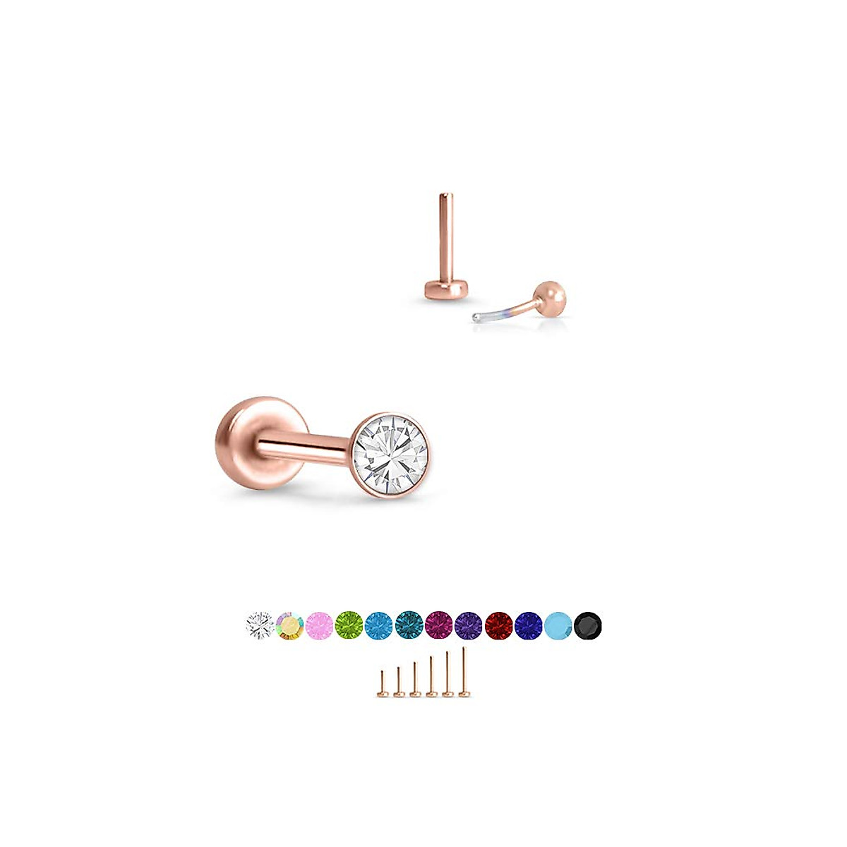 316 Stainless Steel Rose Gold-Tone Threadless Push Pin Nose Ring Labret Monroe Stud 1.5mm Glued Black CZ 20G