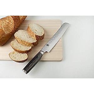 Shun Cutlery Premier Grey Bread Knife 9”, Long Serrations Glide Through Bread, Hammered TSUCHIME Finish, Ideal for Cakes and Pastries, Authentic, Handcrafted, Japanese Serrated Kitchen Knife