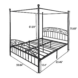 USIIN Queen Size Metal Canopy Bed Frame with Headboard and Footboard Black
