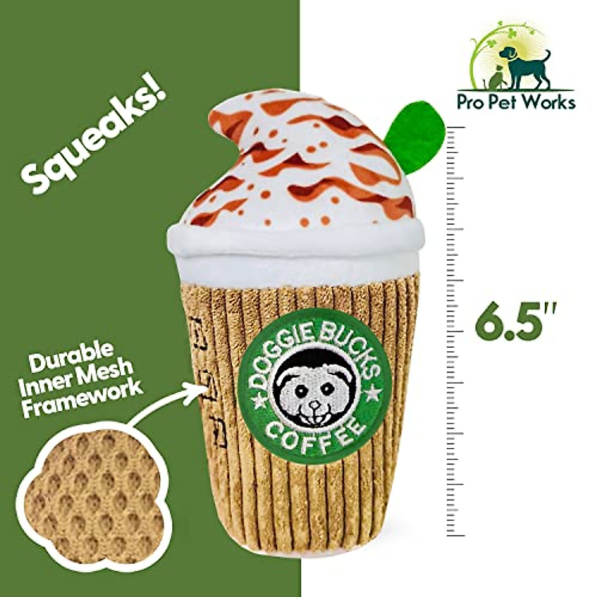 Pro Pet Works Doggie Bucks Plush Squeaky Chew Toy for Dogs Cats Puppies-Best Funny Parody Birthday for Small Medium & Large Animals-Stuffed Fall Coffee Squeaker