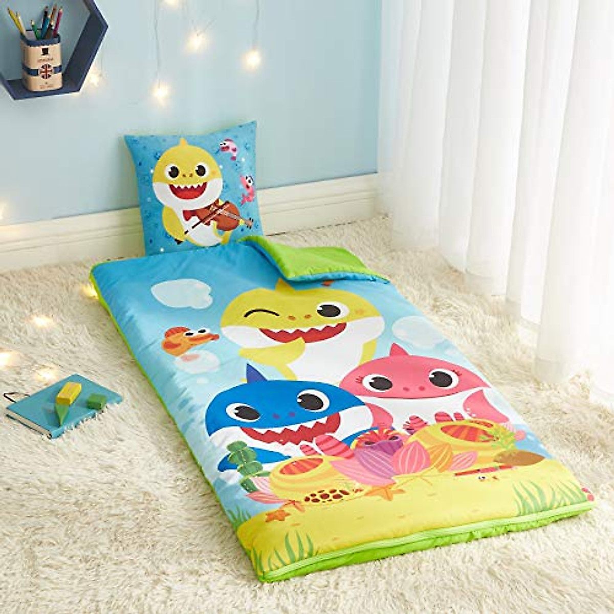 Baby Shark Indoor Slumber Set, Zip Around Sleeping Bag with 13"x18" Pillow, Ages 3+, 46"x26", Blue