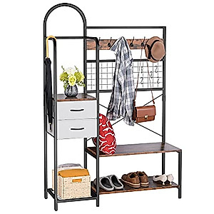 YITAHOME Entryway Hall Tree with 16 Metal Hooks, Coat Rack Stand with Side Shelves, Industrial Coat Rack Shoe Bench with 2 Foldable Drawer, Gray, 70" High