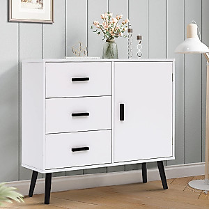 Storage Cabinet with 3 Drawers, Accent Cabinet with Adjustable Shelf, Entryway Cabinet for Living Room, Entryway, White