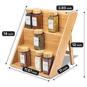 Bamboo Spice Rack Organizer For Kitchen Drawer, Countertop & Cabinet - Sturdy Wood Shelf Seasoning Rack with Wooden Spoon - 3 Tiered, Foldable Storage Standing with Anti-Slip Pads (No Jars Included)