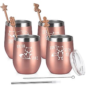 The Fox Series Wine Tumbler Set, 4 Pack, Infoxicated, Zero Fox Given, Oh for Fox Sake, Don't Fox with Me Wine Tumbler for Friends Mom Dad Wife Husband Sisters Family with Spoon, 12 Oz, Rose Gold