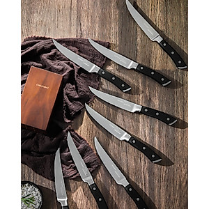 OAKSWARE Steak Knives Set of 8 with Walnut Block, 5 inch Non Serrated Steak Knife Set, 8 Pieces Straight Edge Kitchen Steak Knives - Forged German Steel - Full Tang Handle