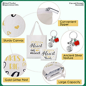 9 Pcs Teachers Appreciation Gifts Christmas Gift Cotton Tote Makeup Bag Teacher Cosmetic Bag with Zipper, Graduation End of Year Apple Keychain Gifts from Students for Teacher