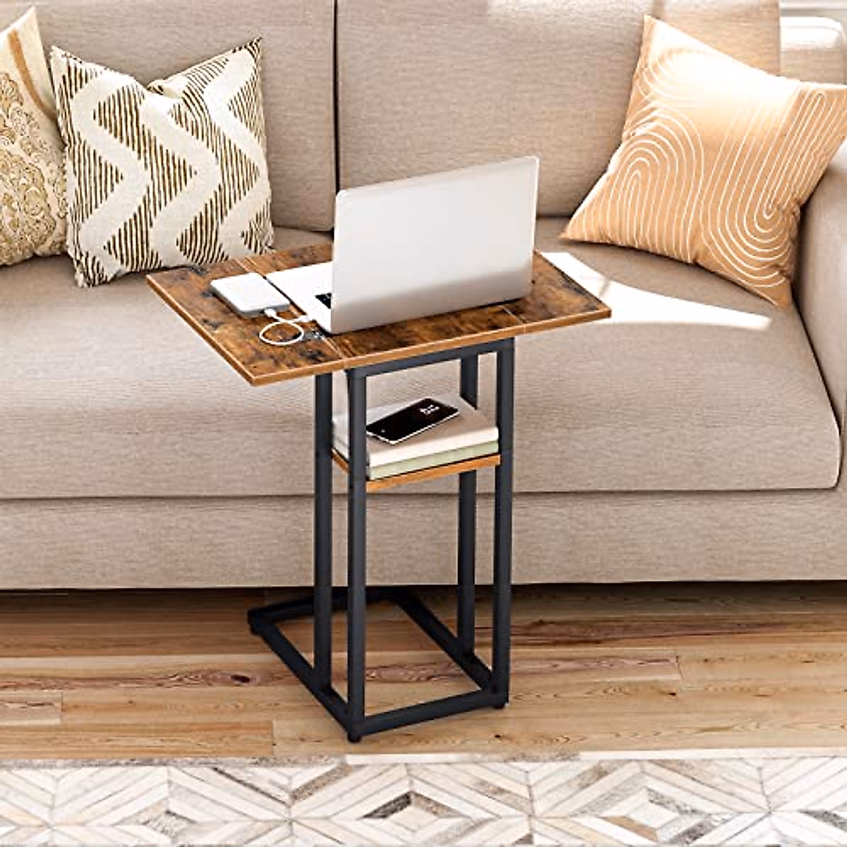 HOOBRO Foldable End Table, C Shaped Side Table with Storage Shelf, Small Snack Table Suitable for Living Room Bedroom Small Spaces, Easy Assembly, Rustic Brown BF29SF01