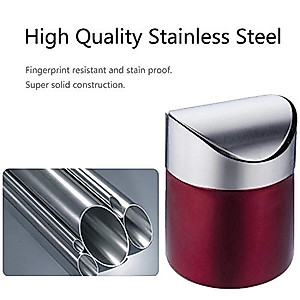JILLICK Mini Trash Can with Lid, Brushed Stainless Steel Small Tiny Mini Trash Bin Can, Mini Countertop Trash Cans for Desk Car Office Kitchen, Swing Top Trash Bin 1.5 L/0.40 Gal (Red)