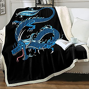 Sleepwish Traditional Fluffy Microfiber Fleece Throw Blue Chinese Dragon Sherpa Throw Blanket Throw(50"x60") Super Soft Reversible Ultra Luxurious Plush Blanket