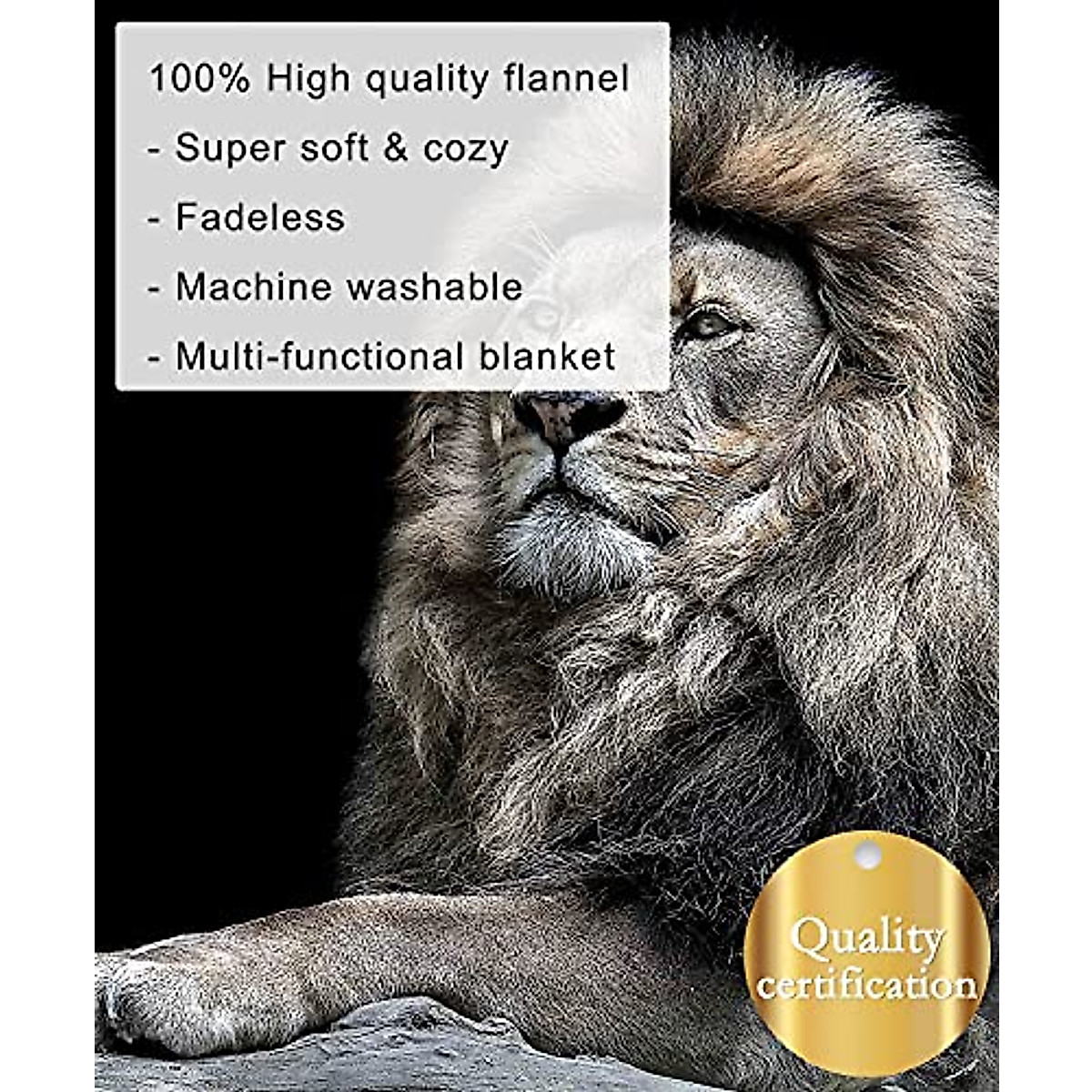 KYKU Lion Blankets for Adults Animal Throw Blanket for Kids Face Black Fleece Home Decorative Living Room Sofa Hug Nap Travel Car Soft Warm Cozy 3D Printed Design Gifts (Black, 60" × 80")